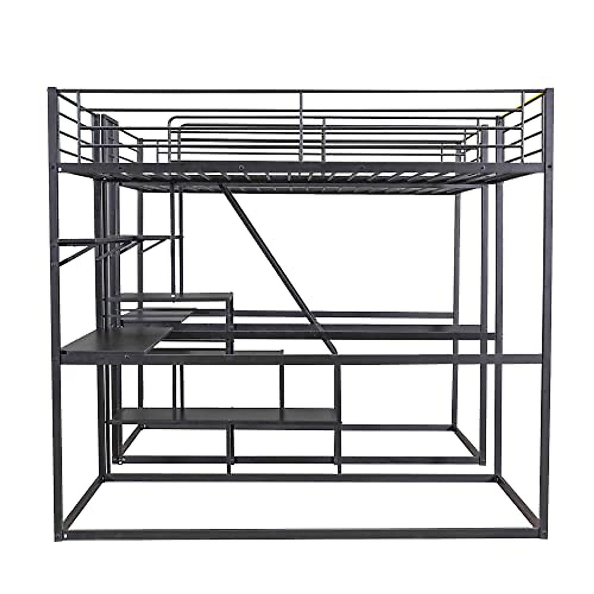 ATY Twin Over Twin Bunk Bed with 2 Desks and Shelves, 4-in-1 Metal Bedframe w/ 3 Storage Staircase & Safety Guardrail, Maximum Space Design, for Kids Bedroom, Dorm, Guestroom, Black
