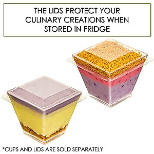 DLux Mini Dessert Cups Reusable Lids, Appetizer Bowls with Spoons [Clear Plastic, 2 oz, Square Short, 50 Count] Small Catering Supplies, Parfait Tasting Shooters Tumbler Glass Lids