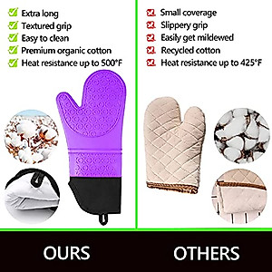 Silicone Oven Mitts and Pot Holders Set, MTZRFLL Extra Long Heat Resistant Oven Gloves with Hot Pads and Mini Oven Mittens for Grilling, Kitchen Cooking Baking, Soft Quilted Lining, Pack of 6 (purple)