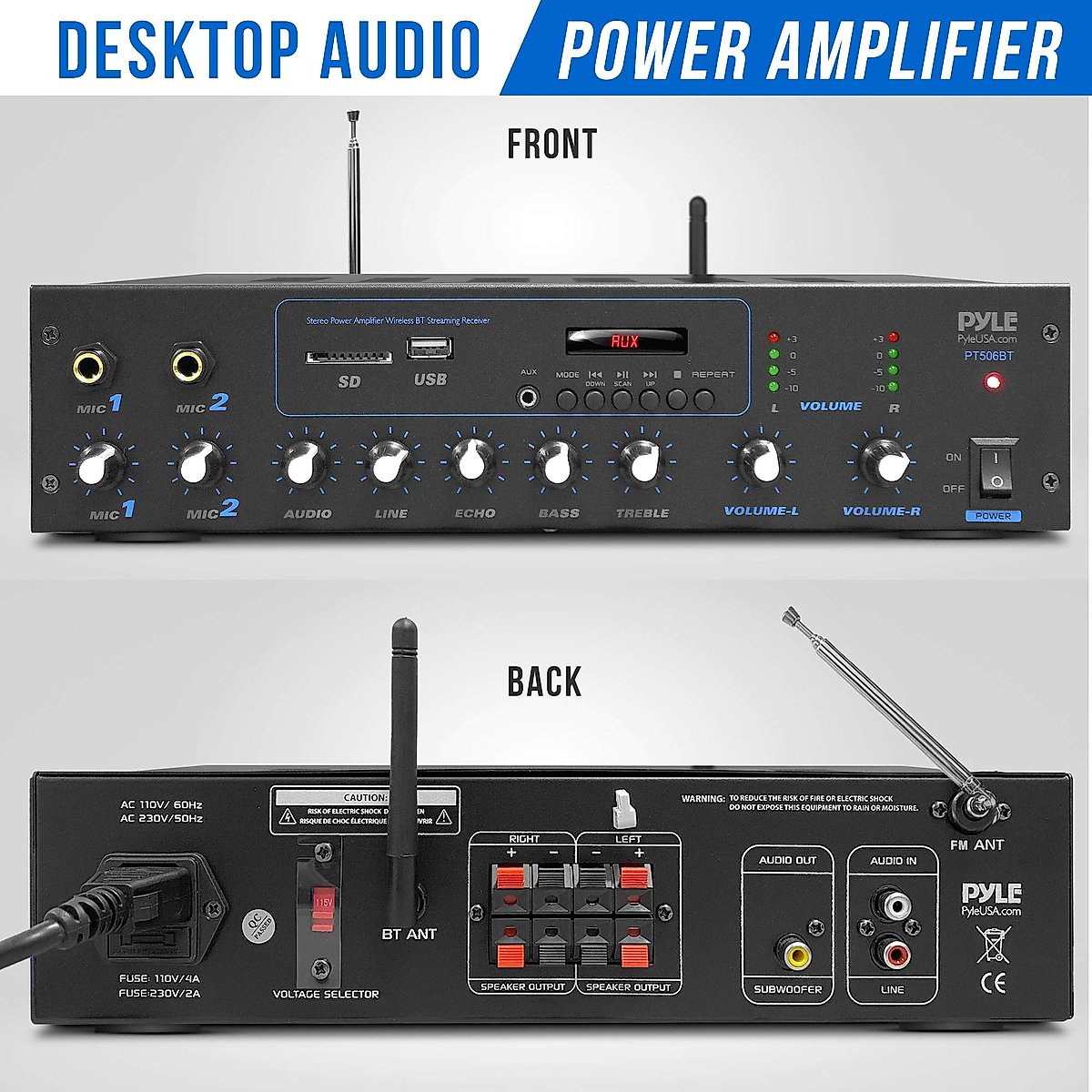 Pyle Professional Powered Amplifier & Bluetooth Receiver Stereo Audio System, FM Radio, (2) 1/4'' Microphone Input Jacks, MP3/USB/SD/AUX Playback, LCD Display ID3 Tag Readout 600 Watt - PT506BT.5