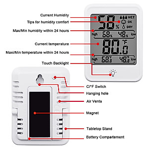 [2 Pack] TIQUS Hygrometer Humidity Gauge Indicator Digital Indoor Thermometer Room Temperature and Humidity Monitor with Touch Backlight White