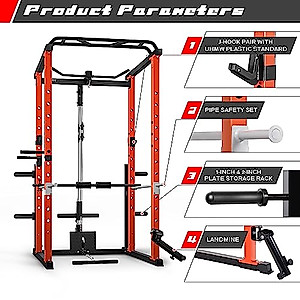 RitFit Power Cage with LAT Pull Down and 360° Landmine, 1000LB Capacity Power Rack Full Home Gym for Weightlifting, Come with J-Cups,Dip Bars and Other Attachments (2023 Version PPC02)-Orange