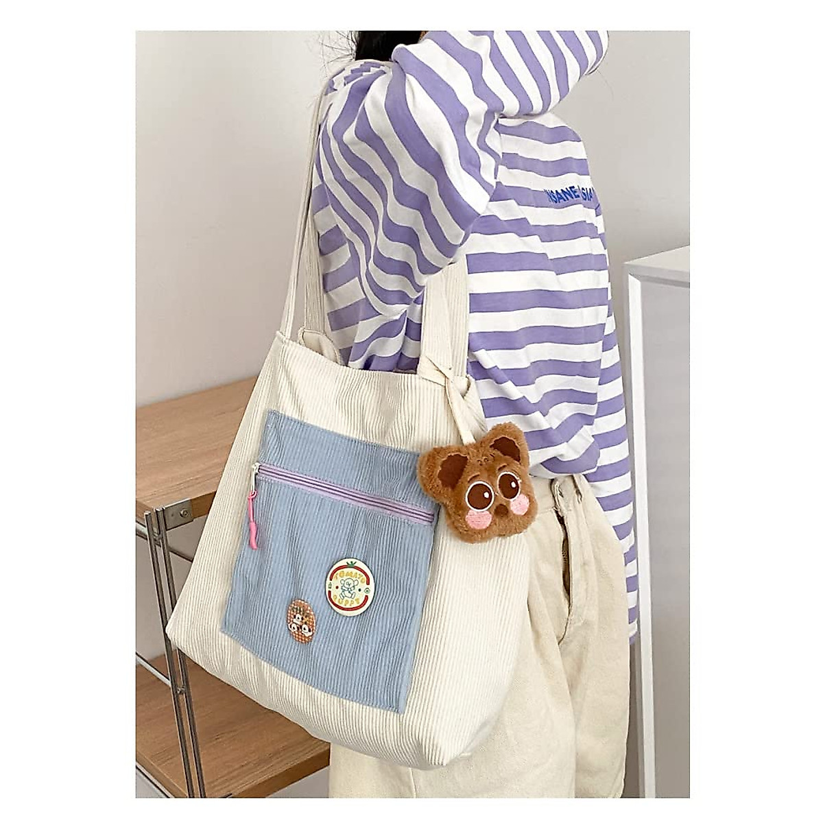 TrueLux Large Corduroy Tote Bag for Women Girls,Cute aesthetic Shoulder Crossbody Handbags Purse for Office Travel School