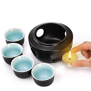 Foraineam Ceramic Sake Set with Warmer, Japanese Style Porcelain Hot Saki Drink Warmer Set, 7 Pieces Set Including 1 Stove, 1 Warming Bowl, 1 Sake Bottle, 4 Sake Cups