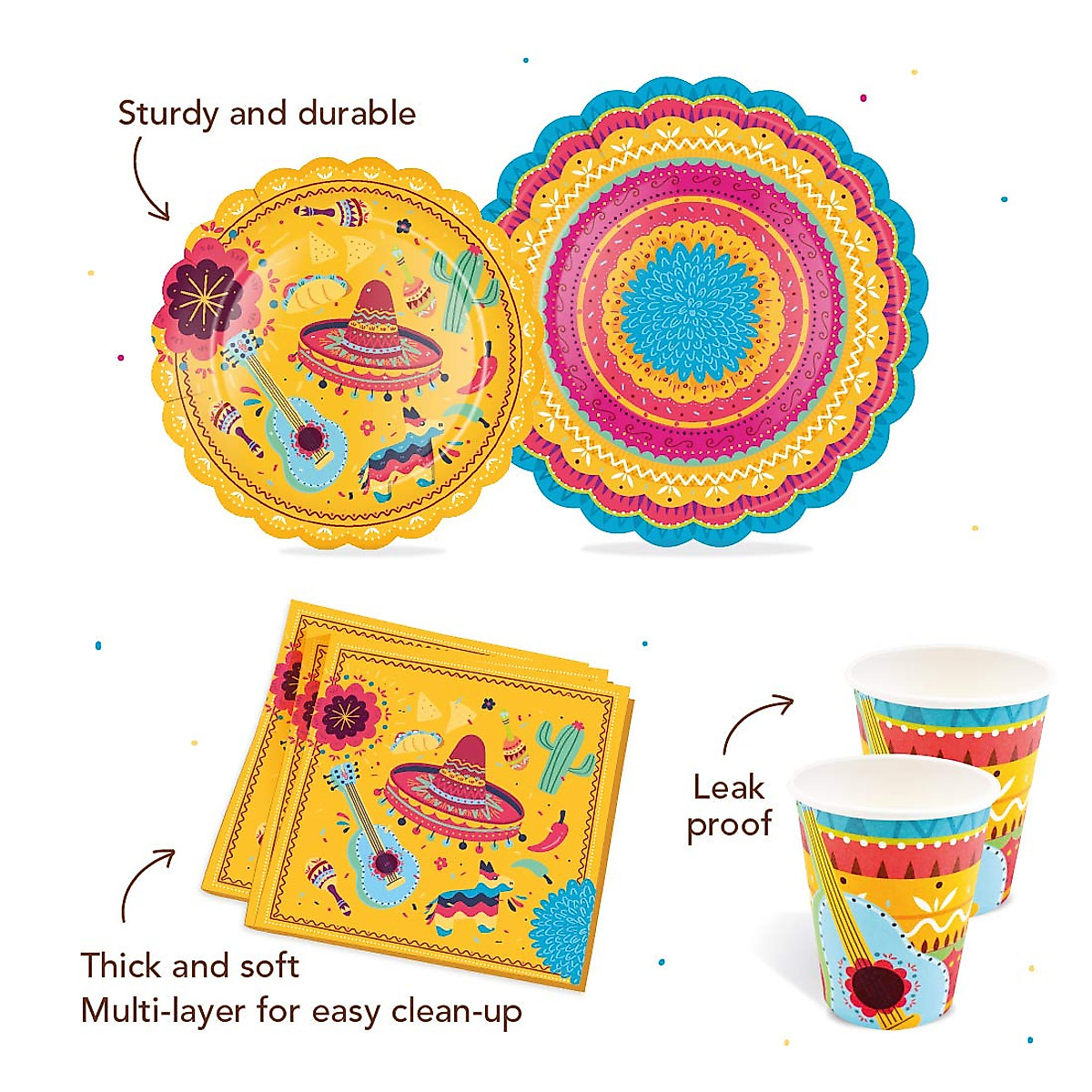 Mexican Fiesta Paper Plates Serves 16 Guests - Includes 16 Large Dinner Plates, 16 Dessert Plates, 16 Cups, and 16 Napkins | Perfect for Birthday, Taco Party, Cinco de Mayo and More