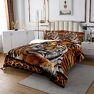 Manfei Tiger 3D Print Bedspread Queen Size,Wild Animals Bedding Set 3pcs for Kids Teens Boys Room Decor,Animal Fur Quilted Coverlet Leopard Soft Breathable Bedding Quilt with 2 Pillowcases