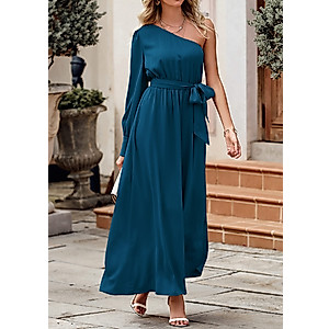 KIRUNDO Women's Satin Long Sleeve One Shoulder Maxi Dress Asymmetrical Tie Waist Slit Party Cocktail Long Formal Dresses(Dark Blue, X-Large)