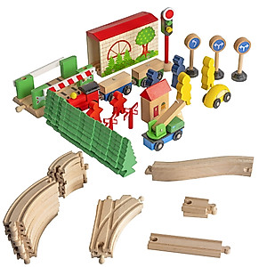 FUNPENY 60 Pcs Colorful Wooden Train and Track Sets,Train Railway Sets Toys for 3+ Years Kids,Boys,Girls Deluxe Holiday Gifts