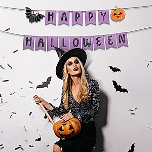 HOUSE OF PARTY Happy Halloween Banner - Happy Halloween Sign - Happy Birthday Halloween Banner - Indoor Halloween Party Decoration with Bat and Pumpkin - Perfect for Mantle, Halloween Party Decor!