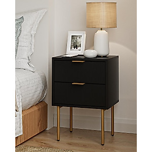 AEPOALUA Nightstand,Small Bedside Table with Gold Frame,White Night Stand,Bedside Furniture,Side Table with Drawer and Shelf for Bedroom,Living Room (Mid-Century-Stripe, Black.)