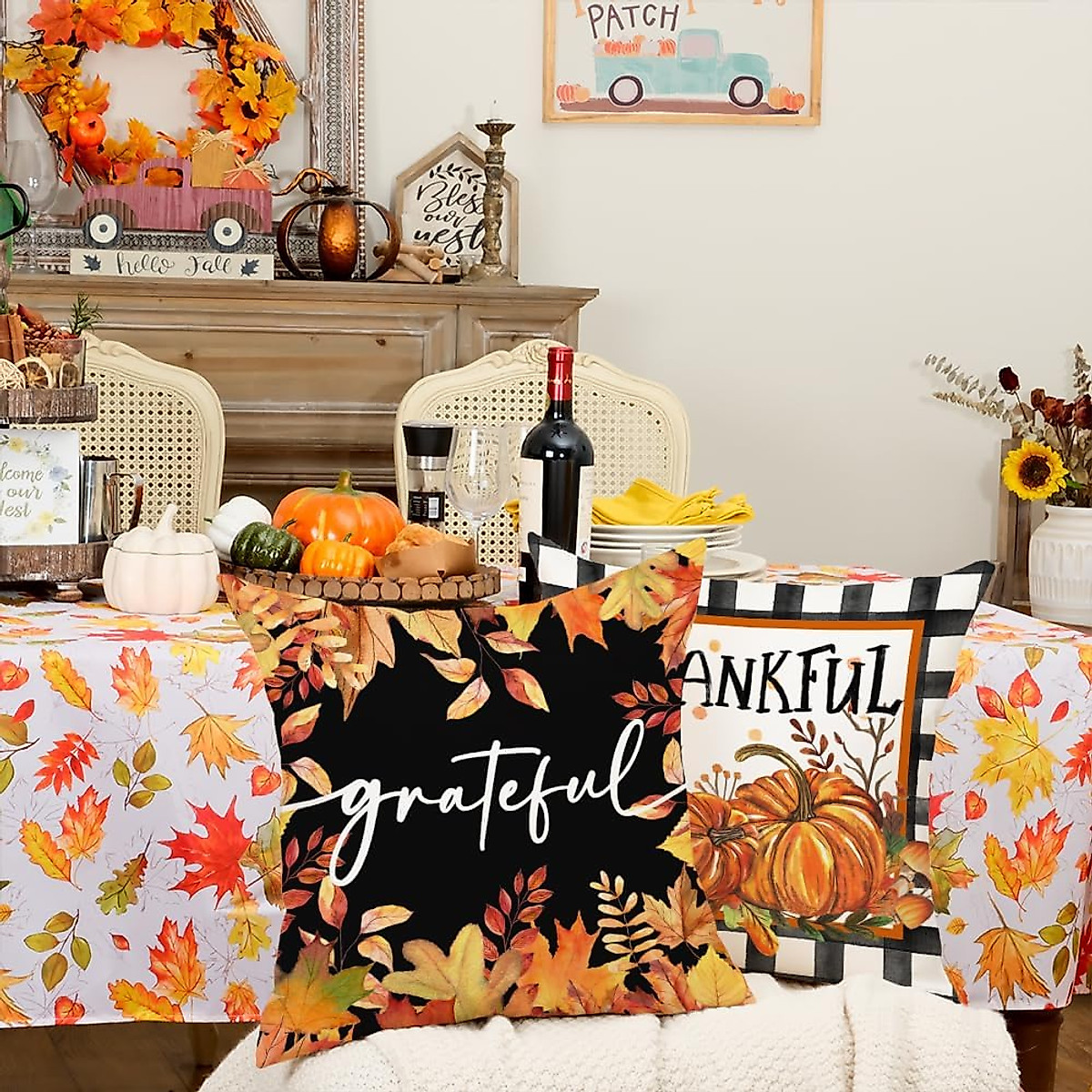 GEEORY Fall Decorative Throw Pillow Covers 18 x 18 Inch Set of 4, Thankful Grateful Blessed Harvest Pumpkin Gnome Thanksgiving Fall Decor Outdoor Farmhouse Pillow Cases for Home Couch G345-18