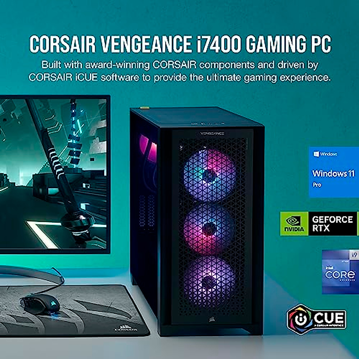 Corsair Vengeance i7400 Series Gaming PC - Liquid Cooled Intel® Core™ i9 12900K CPU - NVIDIA® GeForce RTX™ RTX 4090 GPU - 2TB M.2 SSD - 64GB Vengeance RGB DDR5 Memory - Black