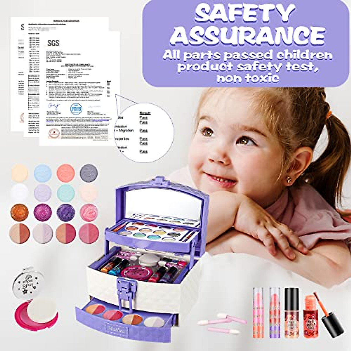 Mathea Kids Makeup Kit for Girls, Washable Non-Toxic Play Makeup, Real Makeup Girl Toys, Makeup Set for Girls, Easy to Storage and Portable, Birthday Toys Gift for 3 4 5 6 7 8 9 10 11 12 Years Old Kid