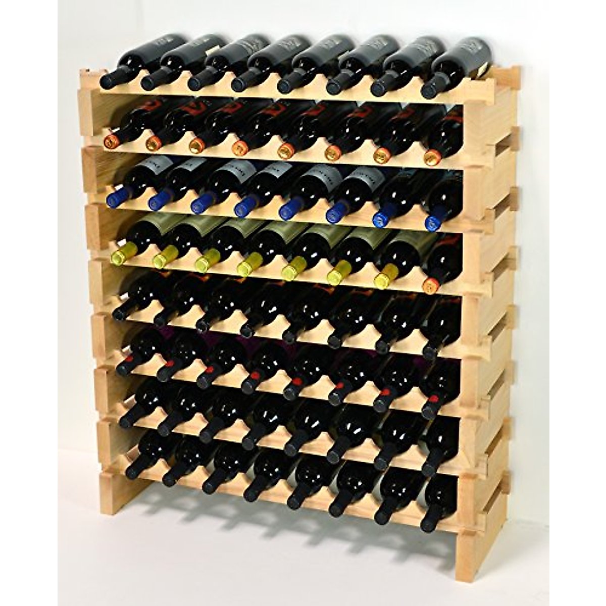 sfDisplay.com,LLC. Modular Wine Rack Beechwood 32-96 Bottle Capacity 8 Bottles Across up to 12 Rows Newest Improved Model (64 Bottles - 8 Rows)