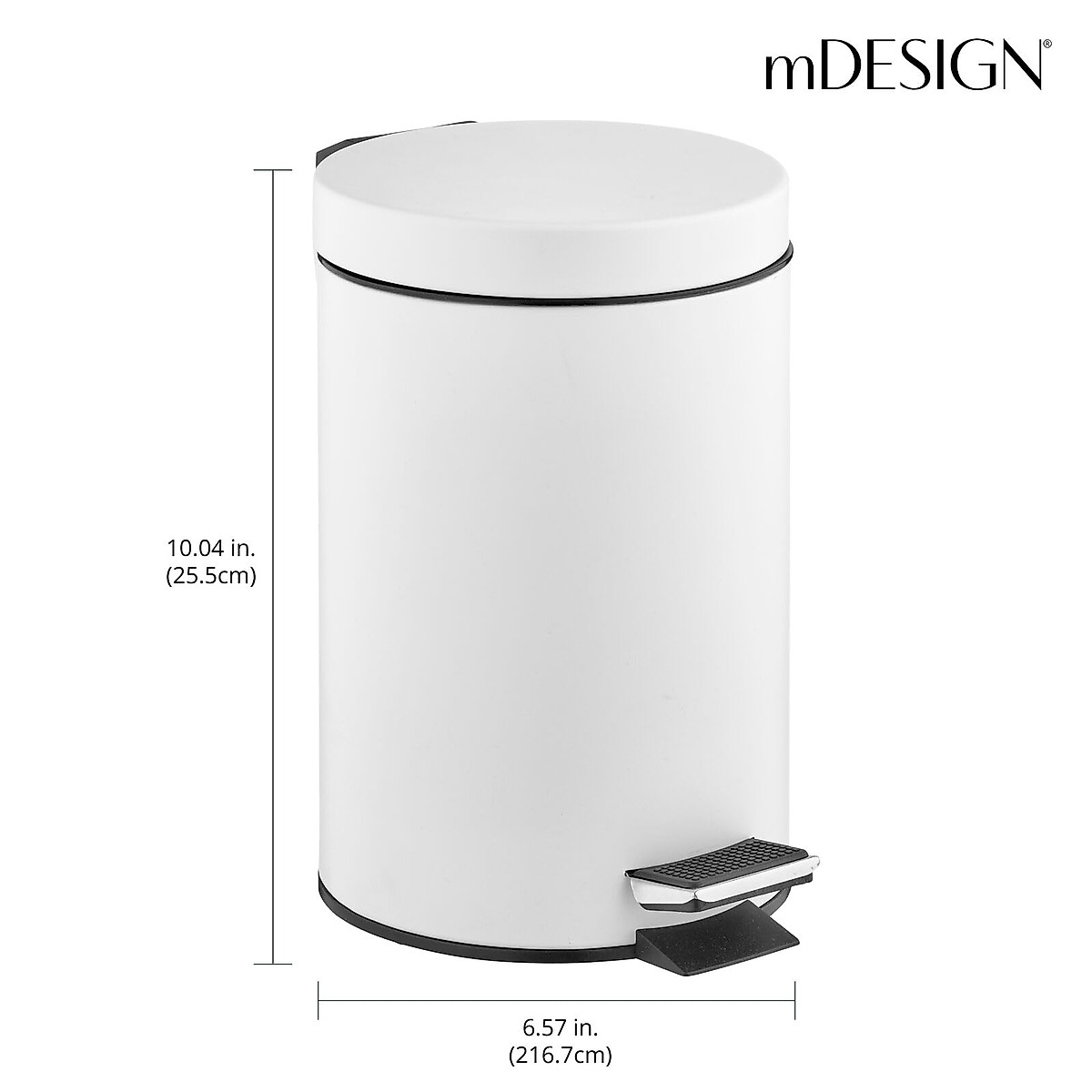 mDesign Pedal Bin — Metal Waste Bin with Pedal, Lid and Plastic Bucket Insert — for Bathroom, Kitchen, and Office — 3 Litre Household Rubbish Bin with Ergonomic Design — White