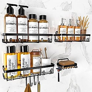 Dulutuxe Shower Caddy Bathroom Organizer Large Size - No Drilling Traceless Adhesive Shower Shelves with 4 Hooks, Wall Mount Stainless Steel Shower Shelf for Bathroom, Toilet, Kitchen, Dorm(4 Pack)