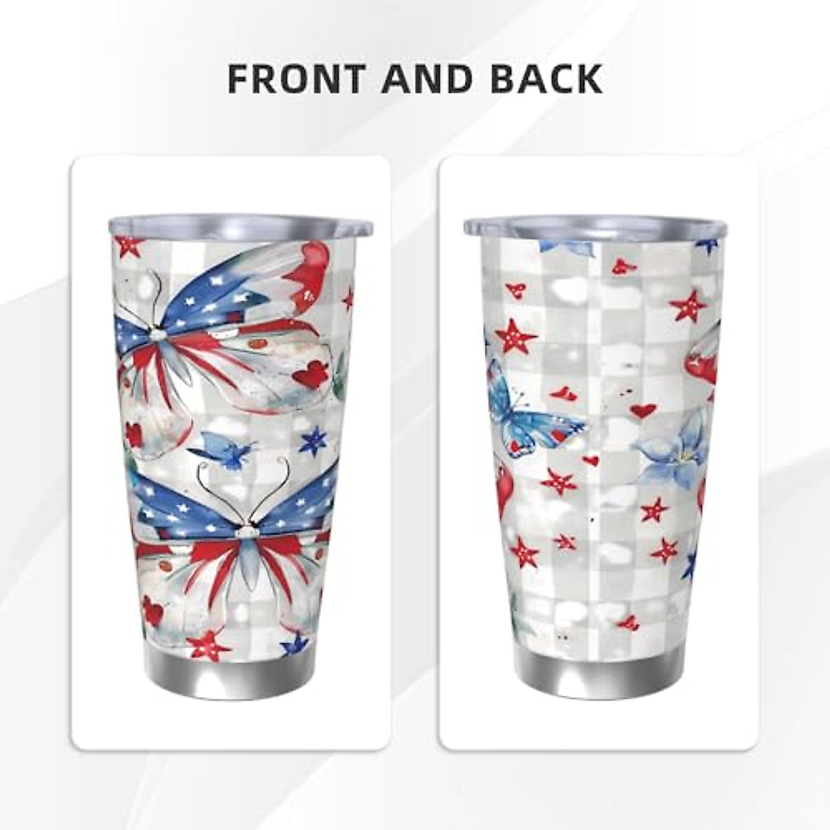AYCZN Butterfly American 20 OZ Tumbler Stainless Steel Travel Coffee Mug, Usa Flag Star Insulated Water Bottle with Lid and Straws Leakproof Thermal Cup
