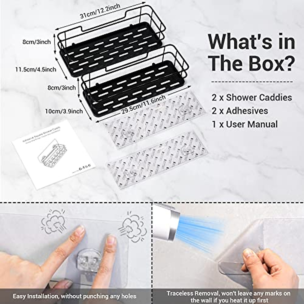 2 Packs Adhesive Shower Caddy with Hooks - No Drilling Rustproof Traceless Stainless Steel Wall Mounted Shower Storage Organizer Shelf Rack Holder for Bathroom Toilet Restroom Kitchen - Matte Black