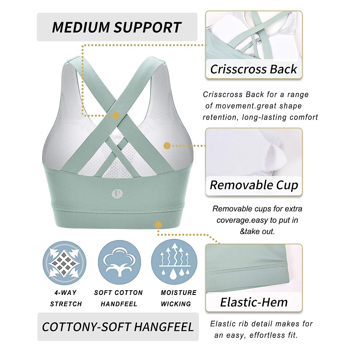 RUNNING GIRL Sports Bra for Women, Criss-Cross Back Padded Strappy Sports Bras Medium Support Yoga Bra with Removable Cups(WX2353D.Green.L)