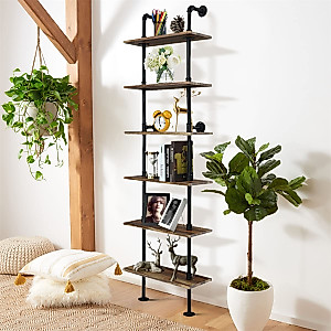 Liviza 6-Tier Pipe Wall Mounted Shelf, Rustic Vintage Industrial Bookcase, Wood Storage Bookshelf for Living Room, Apartment, Small Space