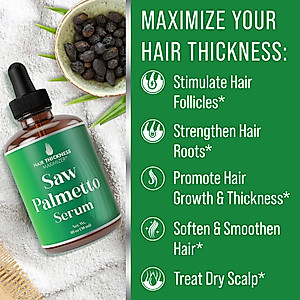 Saw Palmetto Serum for Hair Growth: Rosemary, Peppermint, Pumpkin Seed Oils. Vegan Thickening, Moisturizing, Strengthening Treatment for Women, Men - Weak, Dry, Frizzy Hair - 1oz
