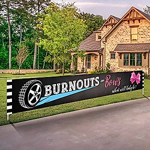 ZDX Burnouts or Bows Gender Reveal Theme Banner With 13 Feet White Rope (118 x 20 inches) Kids Baby Shower Party Banner Decor Photography Backdrops Outdoor & Indoor Hanging Cake Table Supplies Banner