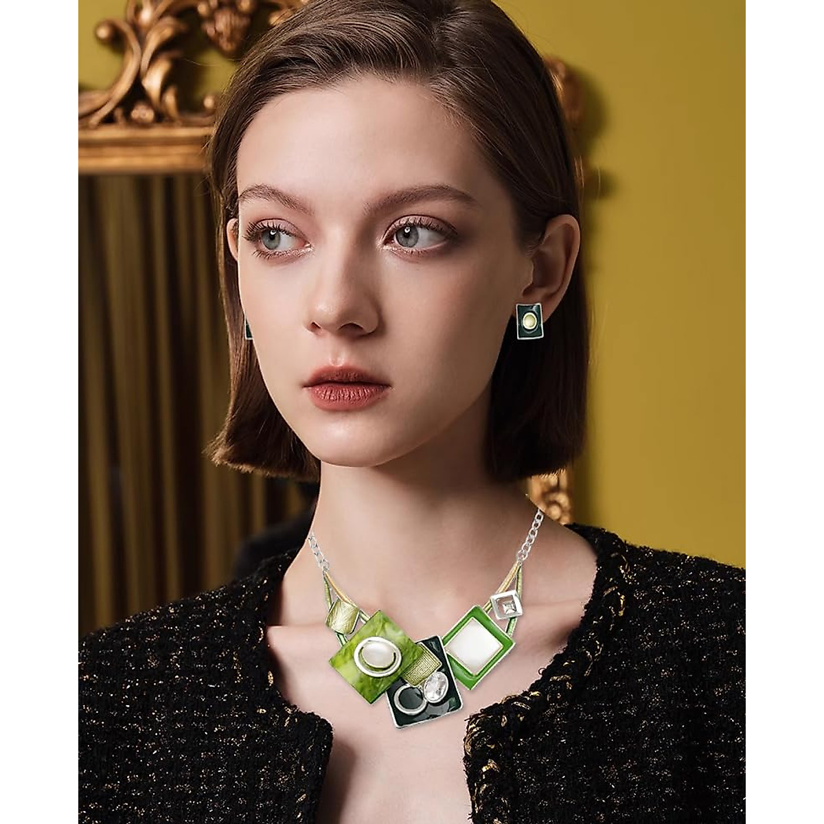 CSY Fashion Oval Crystal Opals Statement Bib Necklace Earrings Silver Plated Bohemian Costume Jewelry Set Gifts for Women (green)