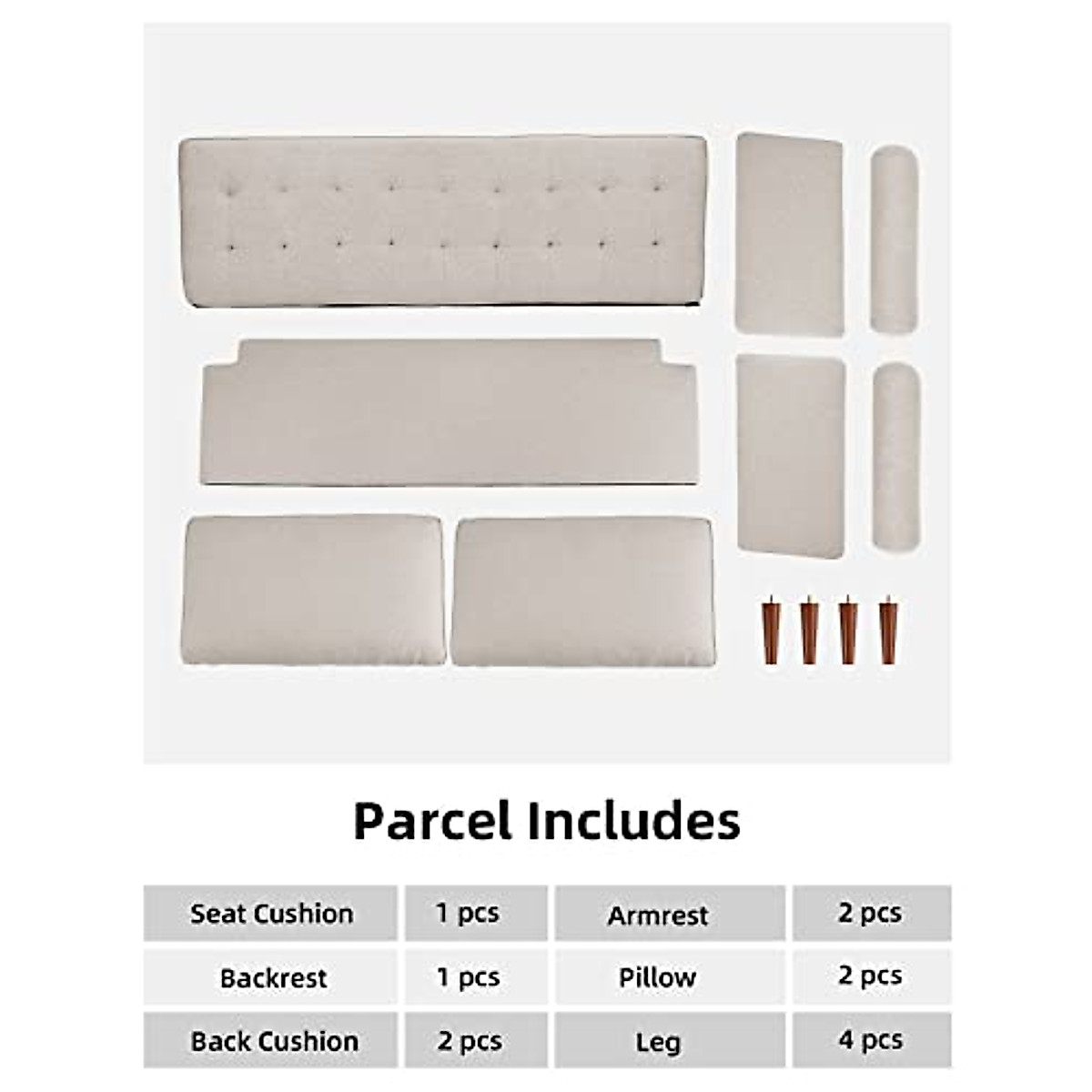 Koorlian Small Sofa Couch, 2 Seater Fabric Loveseat, Mid Century Modern Couches for Living Room, Button Tufted Seat Cushion, Square Armrest, 2 Throw Pillows, Fit for Small Spaces, Dorm, Apart, Beige