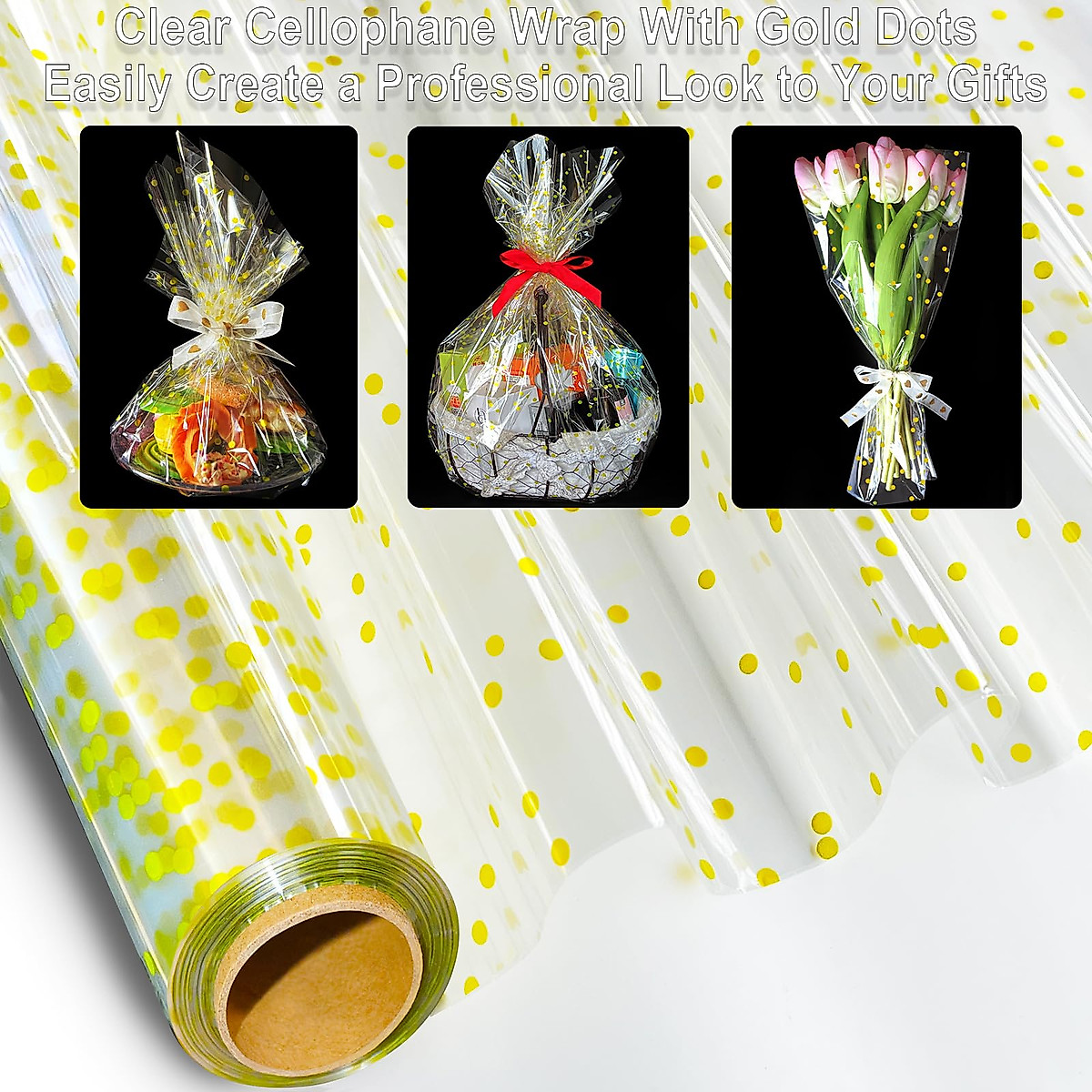 SYOGUA 100ft X 34in Extra Wide Clear Cellophane Wrap with Gold Polka Dots, Transparent Thicker Clear Cellophane Wrapping Paper, Clear Gift Wrap Cellophane Roll for Baskets, Treats, Holiday, Christmas Gifts