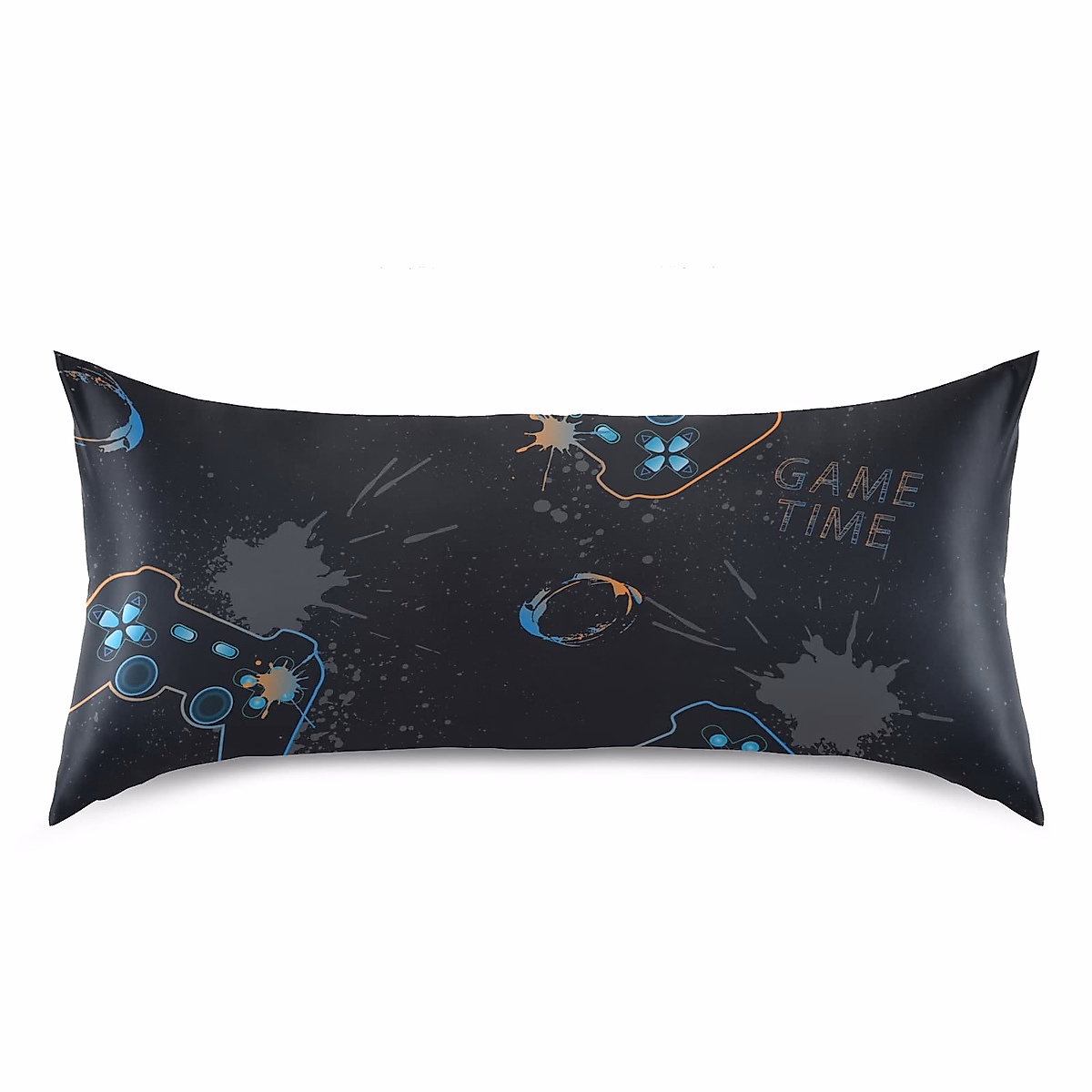 Oyihfvs Seamless Video Game Gamepad Joysticks in Black Blue Neon on Black Silky Satin Pillowcase for Hair and Skin, Soft Bed Pillow Cover, Decorative Silk Pillow Cases, King Size 20x40 inches
