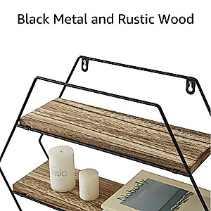 TFER Floating Shelves Wall Mounted Hanging Shelf Set of 2 Hexagon Rustic Farmhouse Shelves for Wall Decor,Storage | Metal Bracket and Reclaimed Wood Shelf for Bedroom,Living Room,Bathroom,Kitchen