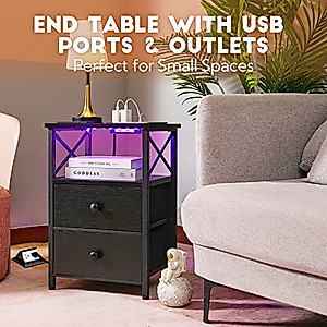 AMHANCIBLE LED Night Stand Set 2, Night Stands for bedrooms Set of 2 with Charging Station, Side Table with USB C Port and Outlet HET052LBK