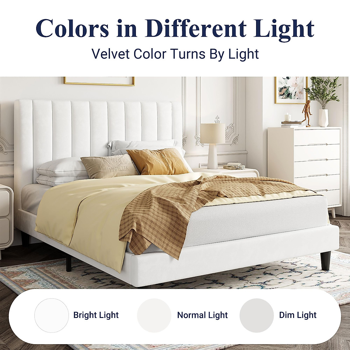 Allewie Queen Bed Frame/Velvet Upholstered Bed Frame with Vertical Channel Tufted Headboard/Strong Wooden Slats/Platform Bed Frame/Mattress Foundation/Box Spring Optional/Easy Assembly/White