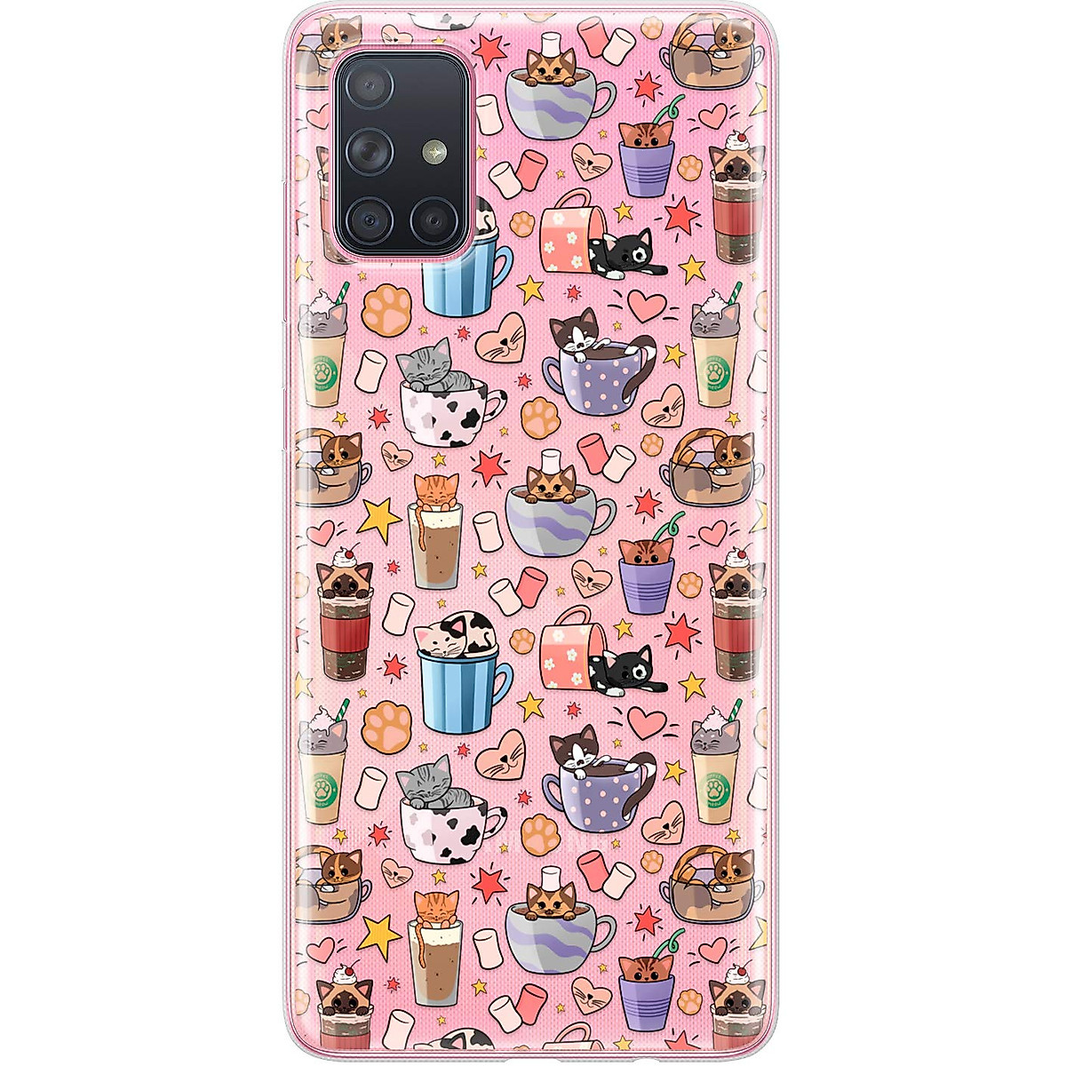 Generic Slim TPU Phone Case Compatible with Samsung Galaxy A72 A71 5G A70 A51 A32 A21 A11 A12 A01 Durable Kittens Cute Clear Soft Protective Shockproof Paws Kawaii Cover Cats Silicone Pet Coffee Cups
