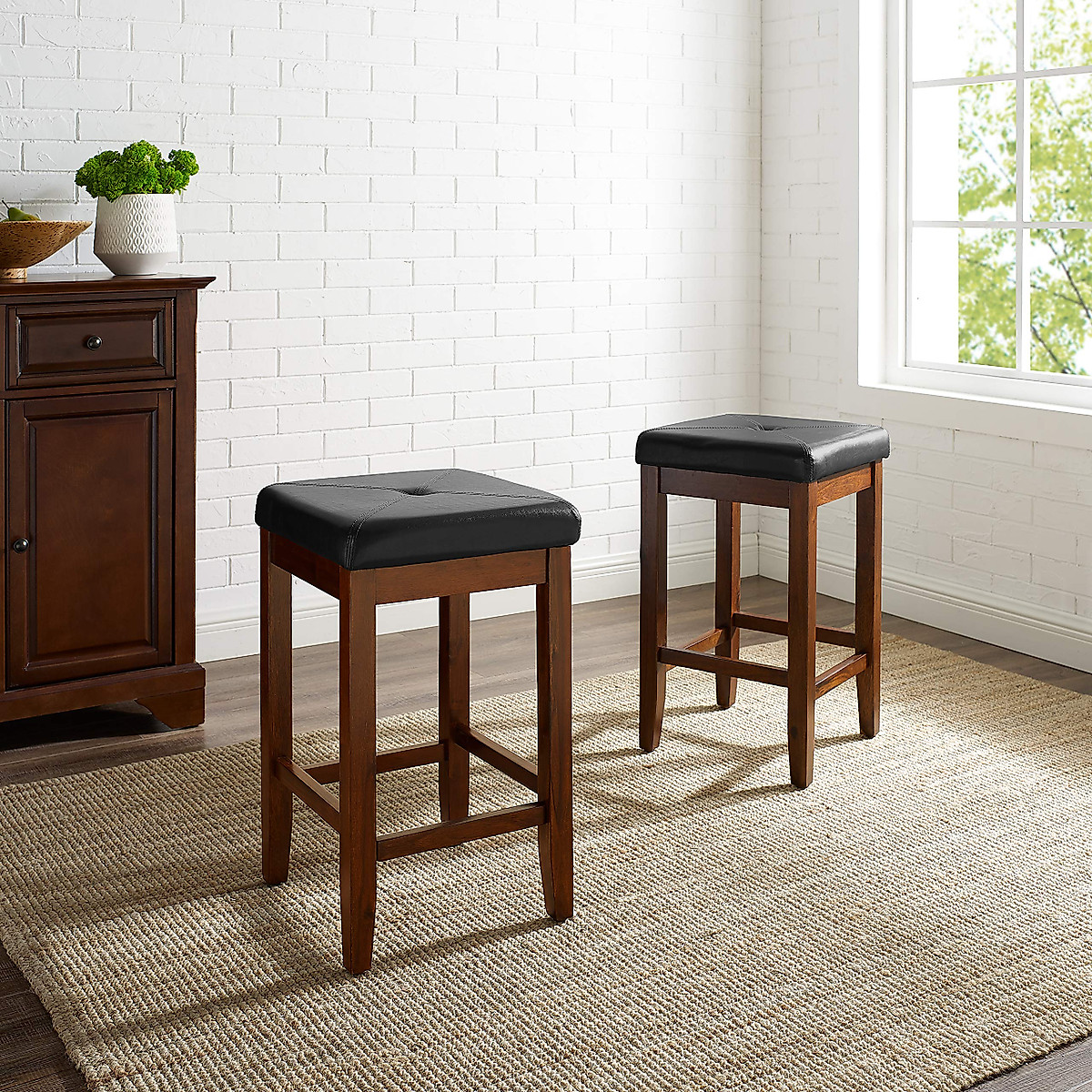 Crosley Furniture Upholstered Square Seat Counter Height Bar Stools Set of 2, Vintage Mahogany, 24-inch