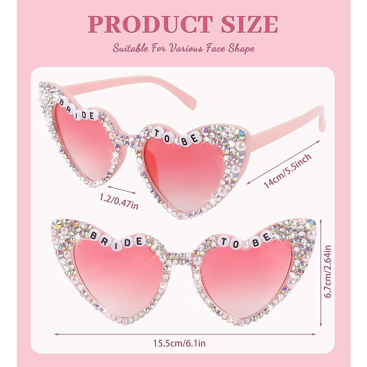 JUSTOTRY Bride Sunglasses For Bachelorette - Pink Bride To Be Sunglasses with Rhinestone For Bachelorette Party Gifts Accessories Party Favors (Heart Shape)