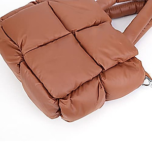 AZURAOKEY Puffer Tote Bag, Check Cotton-Padded Bag Autumn Winter Lady Soft Puffer Shoulder Bag Warm for Work (Brown)