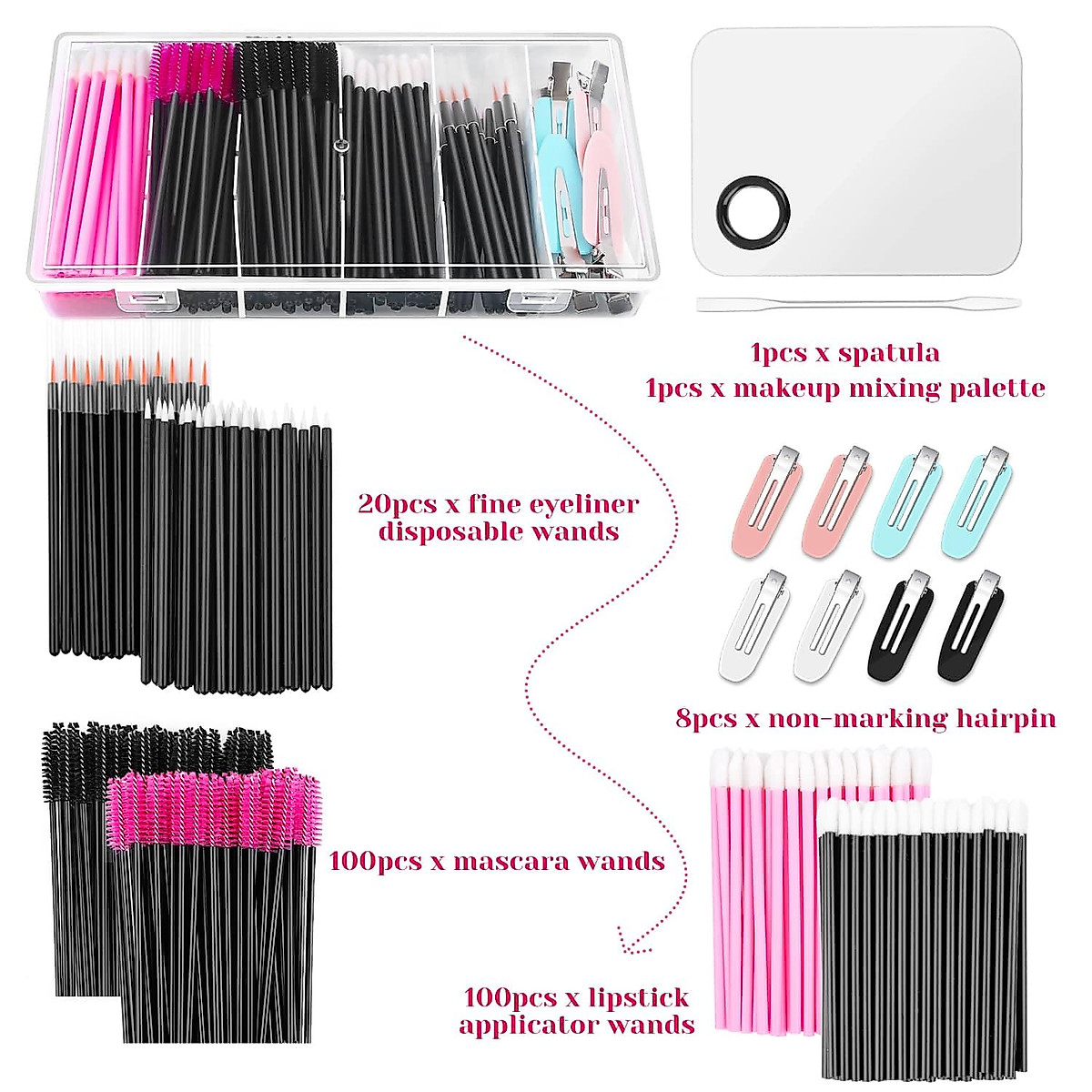 Shynek Makeup Mixing Tray with Disposable Accessories Kit - Mascara Wands, Lip Applicators, Hair Clips & Organizer Box