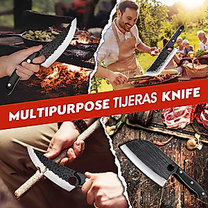 TIJERAS Butcher Knife Set, 3PCS Hand Forged Meat Cleaver, Serbian Chef Knife Set, Viking Knives with Sheaths, High Carbon Steel Meat Cutting Kitchen Knife Set for Kitchen Camping BBQ Gift Idea Men
