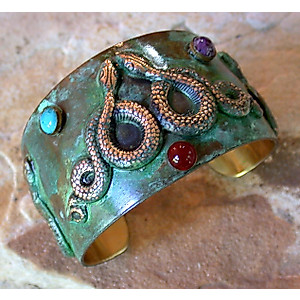 Elaine Coyne Collectible Artwear Egyptian Serpents Cuff Bracelet - Carnelian, Charoite, Turquoise - USA Made