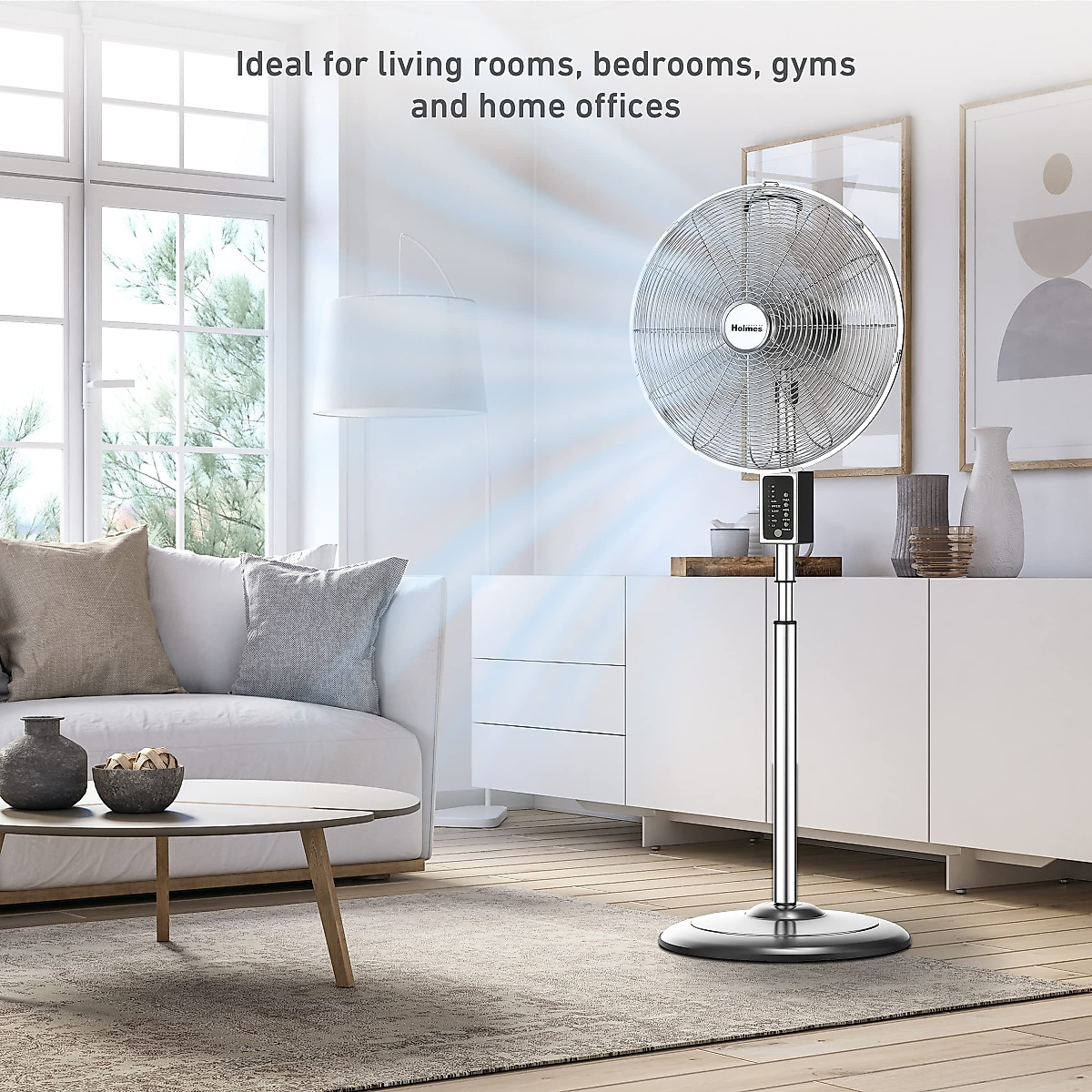 HOLMES 16" Chrome Digital Stand Fan, 75° Oscillation, 3 Speeds, 4 Blades, 3 Modes, Adjustable Height, 18° Head Tilt, Ideal for Home, Bedroom or Office, Remote Control