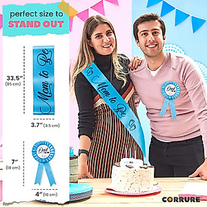CORRURE Baby Shower Sash and Button Pin for Boy - 'Mom to Be' Sash and 'Dad to Be' Pin with Beautiful Blue Ribbon and Black Glitter Text - Ideal Mom and Dad Gift for Gender Reveal/Baby Shower