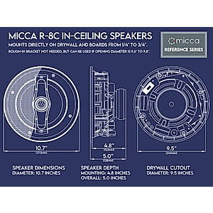 Micca Reference Series R-8C 2-Way in Ceiling in Wall Speaker, 8 Inch Woofer, 1-Inch Pivoting Aluminum Dome Tweeter, Tone Controls, 9.5-Inch Cutout Diameter, Each, White