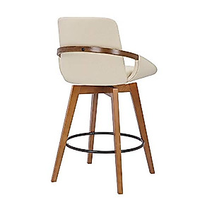 Armen Living Baylor Swivel Wood Bar or Counter Height Stool in Faux Leather, Cream/Walnut, 26" Counter Height