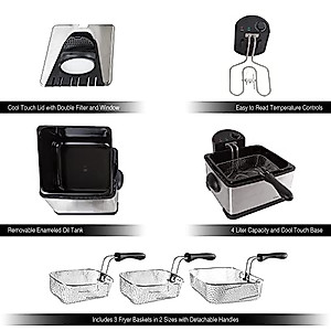 Electric Deep Fryer- 3 Fry Baskets, 1 Large and 2 Small for Dual Use- At Home Stainless Steel Hot Oil Cooker by Classic Cuisine (4 Liter)