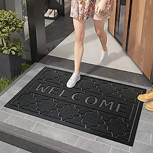 Color&Geometry Welcome Mats Outdoor Door mat Outside Entrance, 24"x47" Door Mats Outdoor Entrance, Heavy Duty Non Slip Waterproof Rubber Outside Door Mats, Entry Rug for Entryway, Patio, BlackGrey
