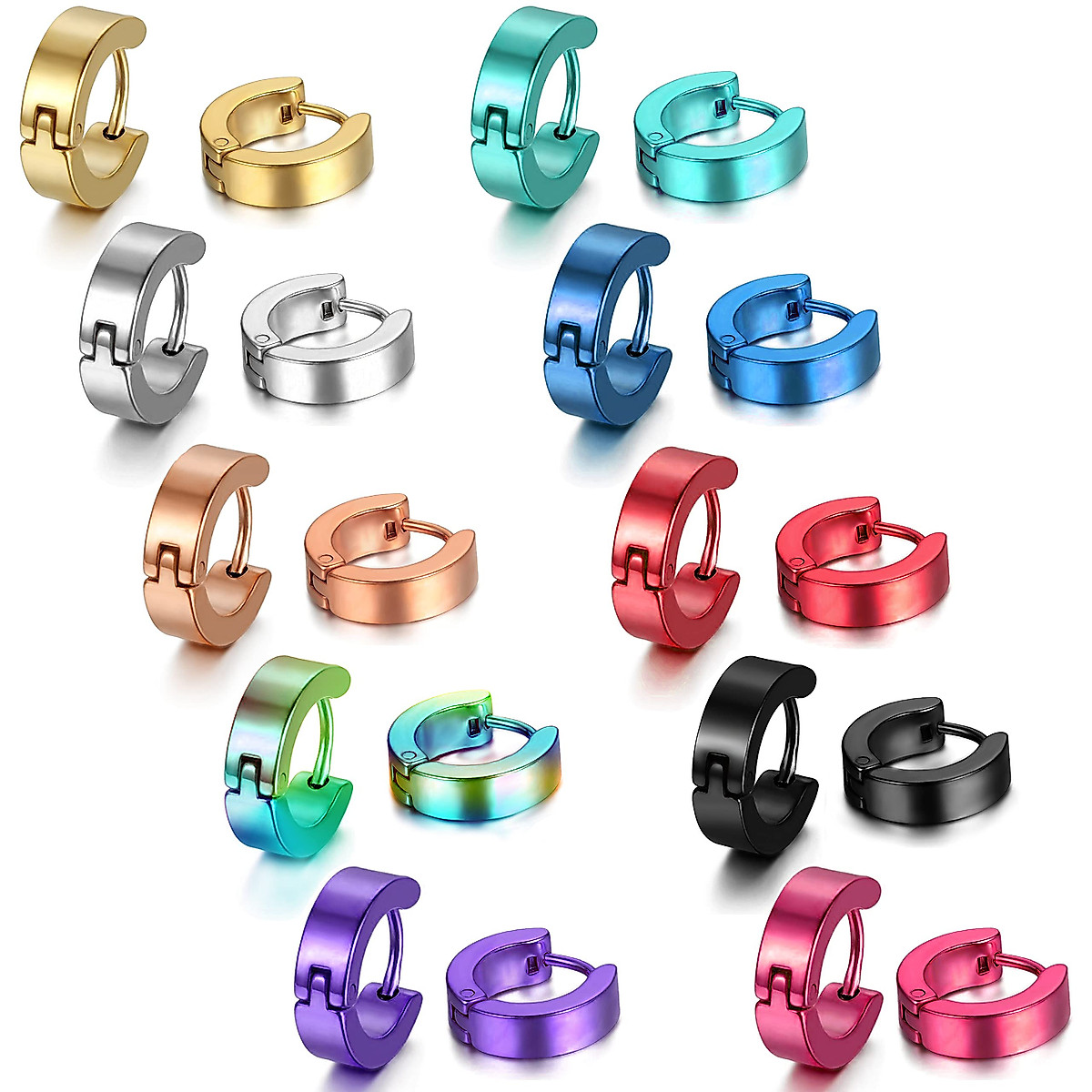 EIELO 10 Pairs Stainless Steel Small Hoop Earrings for Men Women Huggie Earrings Cool Mens Earrings Set Multicolor Huggie Hoop Earrings Piercing Cartilage Helix Lobes Sleeper Hoop Earrings Set 4MM