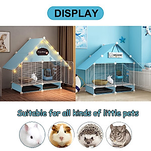 Rabbit Cage Indoor Bunny Hutch 2 Tier Large Guinea Pig Hamster House Small Animals Outdoor Pet with Removable Pull-Out Trays Waterproof Roof Accessories for Ferret Chinchilla Hedgehog,Blue