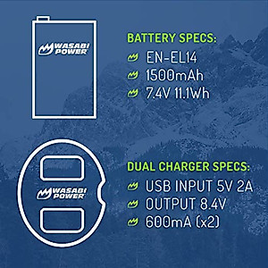 Wasabi Power Battery (2-Pack) & Dual Charger for Nikon EN-EL14, EN-EL14a & Nikon D3100, D3200, D3300, D3400, D3500, D5100, D5200, D5300, D5500, D5600, Df, Coolpix P7100, Coolpix P7700, Coolpix P7800