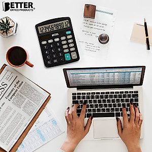 Large Desktop Calculators, 5 Pack, 12-Digit LCD Display, Angled Display Panel, by Better Office Products, Standard Function, Black, Dual Power with Included AA Battery Power, 5 Pack